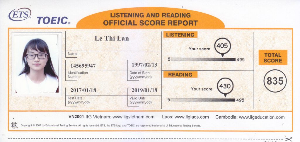 Vinh danh Học viên Lê Thị Lan - Thành tích đạt 835 điểm TOEIC